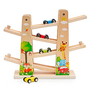 KUSARKO Wooden Race Car Ramp, 4 Level Car Ramp Race Track Toy with 4 Mini Cars, Toddler Race Car Ramp Toy Set, Gift for 3+ Age Boys and Girls