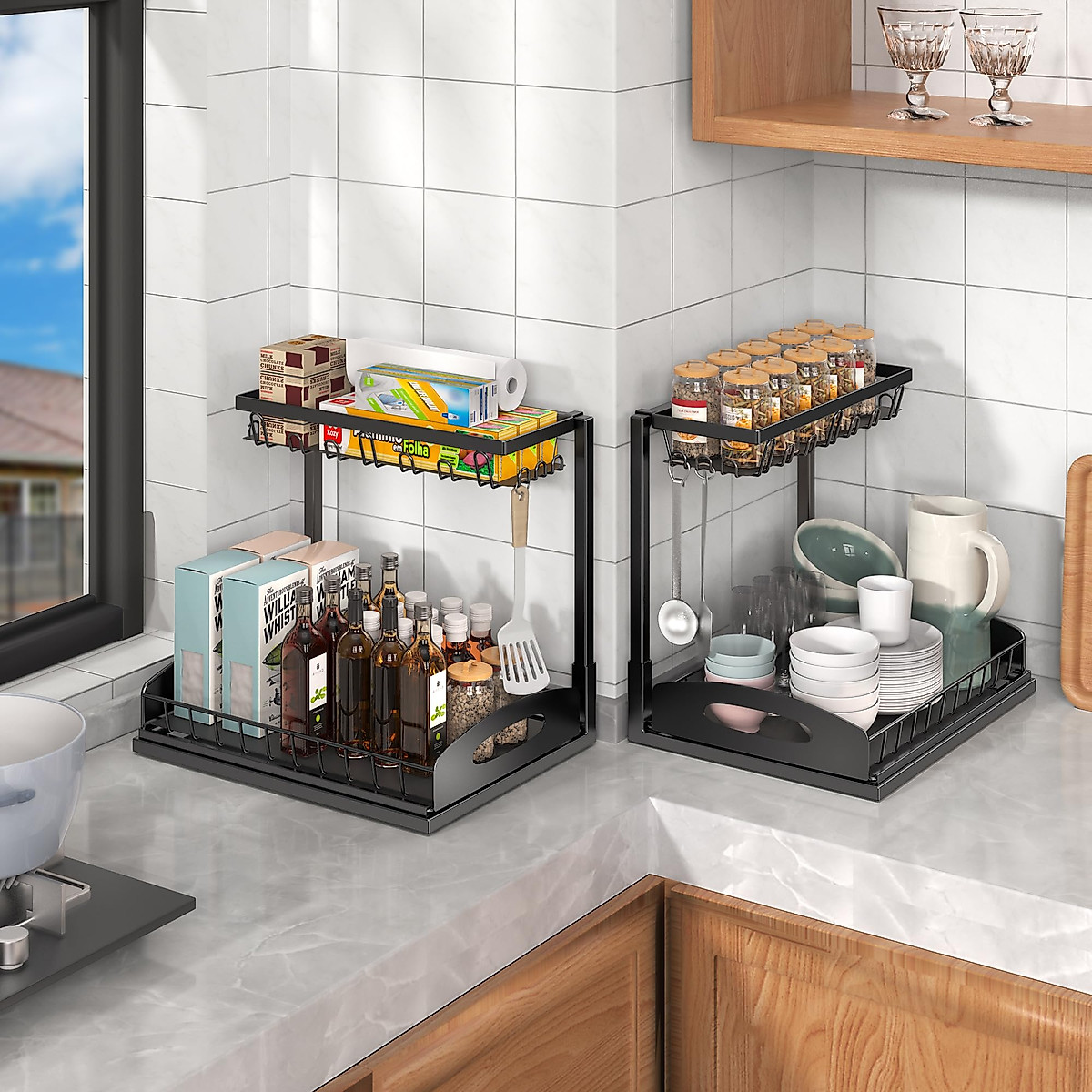 Fkprorjv Under Sink Organizers and Storage, 2 Pack Kitchen Bathroom Sink Organizer with Hooks, 2 Tier Under Sink Cabinet Basket Storage Shelf with Sliding Drawers, Black