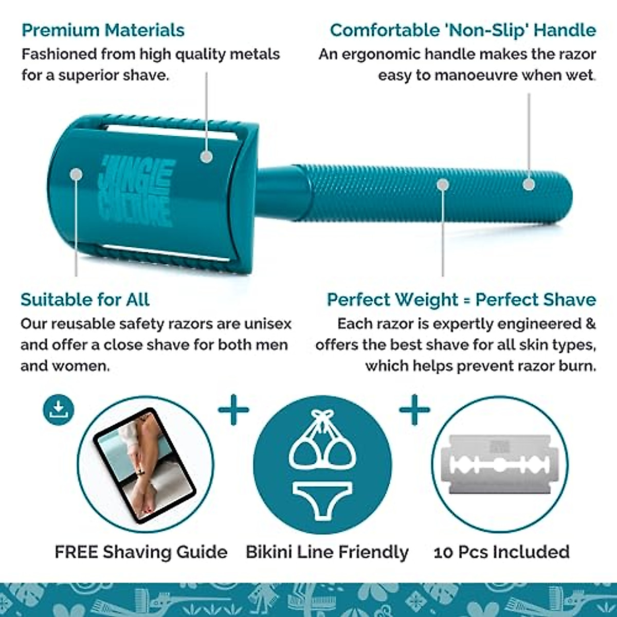 Jungle Culture Safety Razor with 10 Double Edge Blades • One Blade Metal Razors for Women & Men for Body & Face • Eco Friendly & Reusable Shaver • Teal