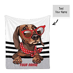 CUXWEOT Custom Blanket with Name Text,Personalized Dachshund Dog in a Red Sunglasses Super Soft Fleece Throw Blanket for Couch Sofa Bed (50 X 60 inches)