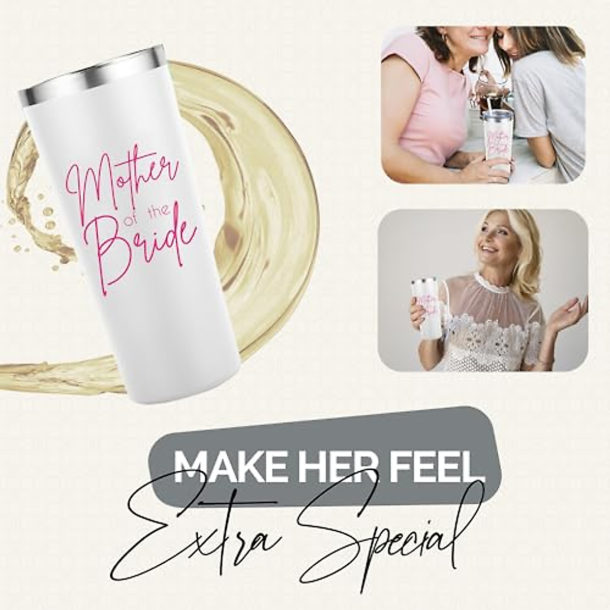 Your Dream Party Shop Mother of the Bride Tumbler, 22oz - Stainless Steel Insulated Wine Cup with Lid and Straw - Mother of the Bride Gifts From Daughter