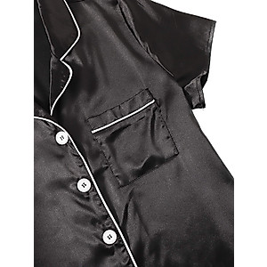 WDIRARA Women's Pajama Sets Satin Short Sleeve Down Shirts and Shorts Sleepwear PJ Set Dull Black Medium