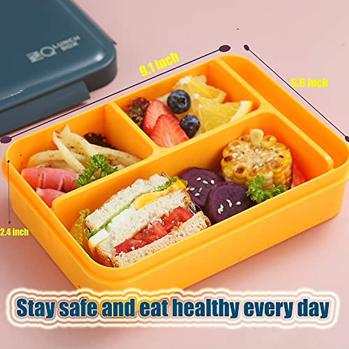 ZZQ Bento Box Lunch Box, Lunch Box Containers for Kids & Adults, 4 Compartment Container for Schools Lunch with Bag, Cutlery, Microwave Safe, BPA Free On-the-Go Meal Prep Containers (Yellow)