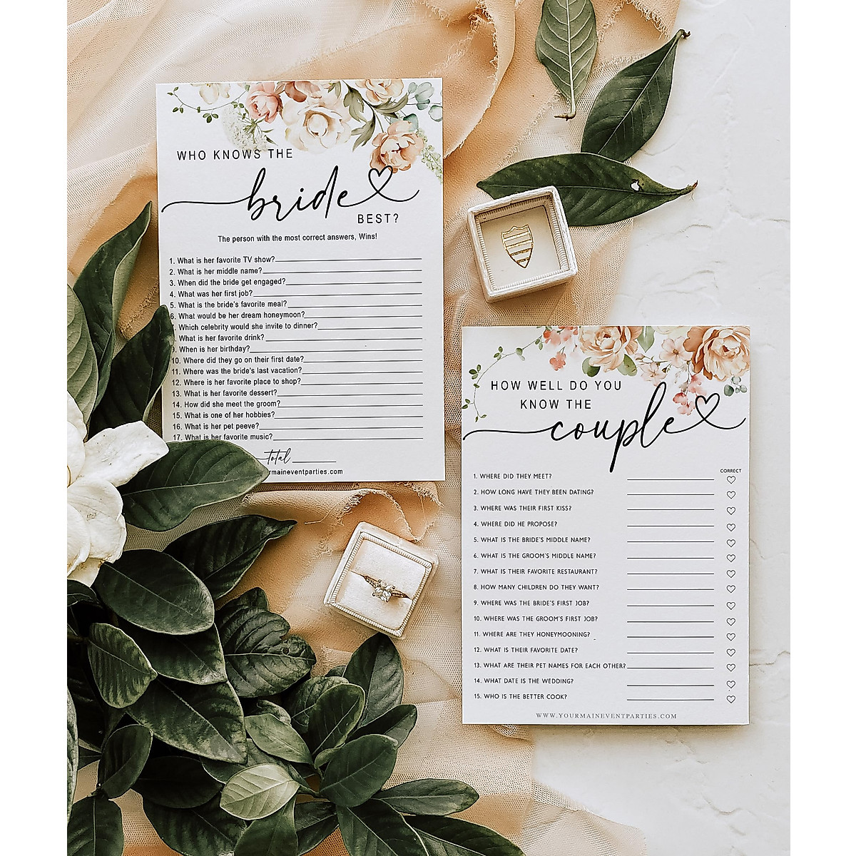 Your Main Event Prints 50 Pack of Bridal Shower Games, How Well Do You Know The Couple and Who Knows The Bride Best, Floral Modern Minimalistic Design.