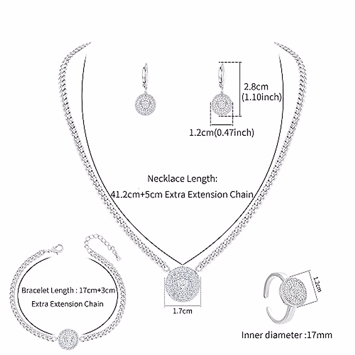 GXGLMP CZ Jewelry Set for Women Gold Plated Round Pendant Cuban Link Chain Necklace Bracelet Hoop Earring Open Ring Set(sliver)