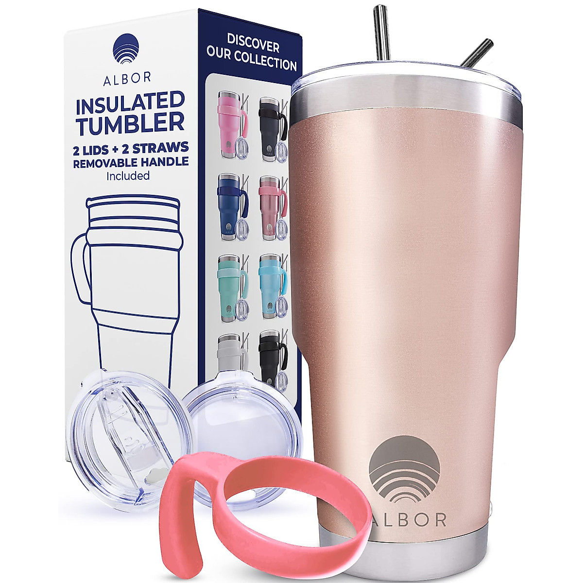 ALBOR Insulated Tumbler with Lid and Straw - 30 oz Insulated Coffee Mug with Handle, Travel Coffee Mug with 2 Lids, 2 Metal Straw, Brush and Storage Bag, Rose Gold