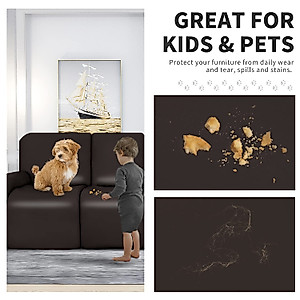 Easy-Going PU Leather Recliner Sofa Slipcovers, Waterproof Stretch Sofa Covers, 8 Pieces Stretch Furniture Protector, Elastic Strap Shield Pets Kids Children Cats Dogs Chocolate