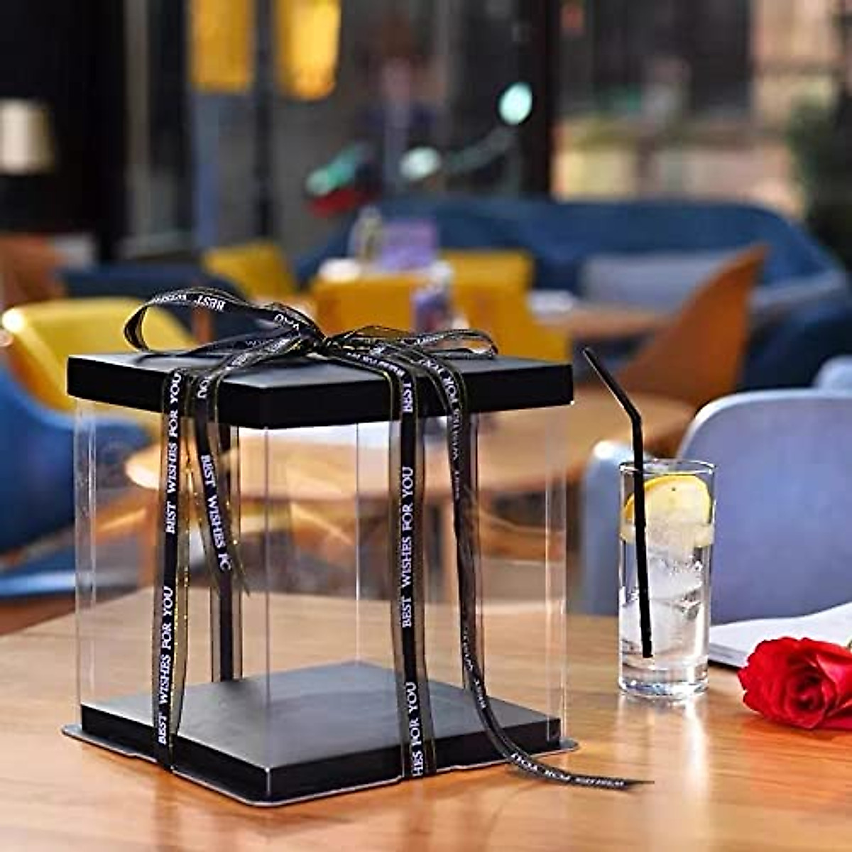 XININSUN 2Pcs Large Cake PET Clear Box, 10" X 10" X 9" with ribbon and pre-folded lid, for 8" cake packing carry, baking cookie display, Carry Tall Layer Gift, Festive Gift Box -Black