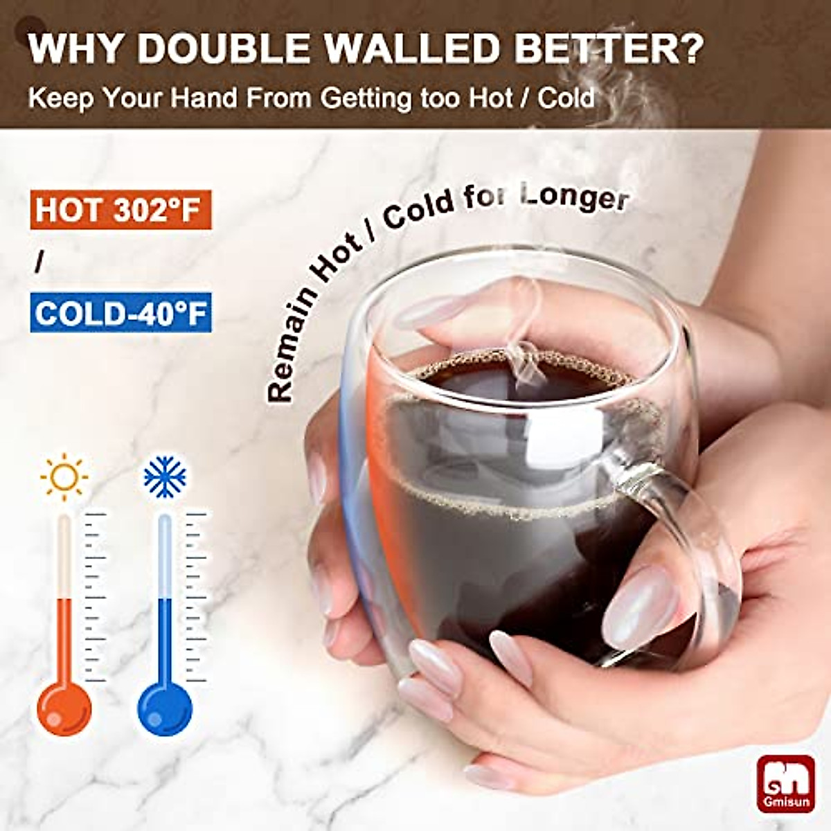 GMISUN Glass Coffee Cups, 2 Pack Double Wall Glass Coffee Mugs with Bamboo Lids, 12 Oz Clear Coffee Mug with Handle, for Ice Coffee/Tea/Hot Beverages/Cappuccino/Latte, Extra Spoons, Coaster