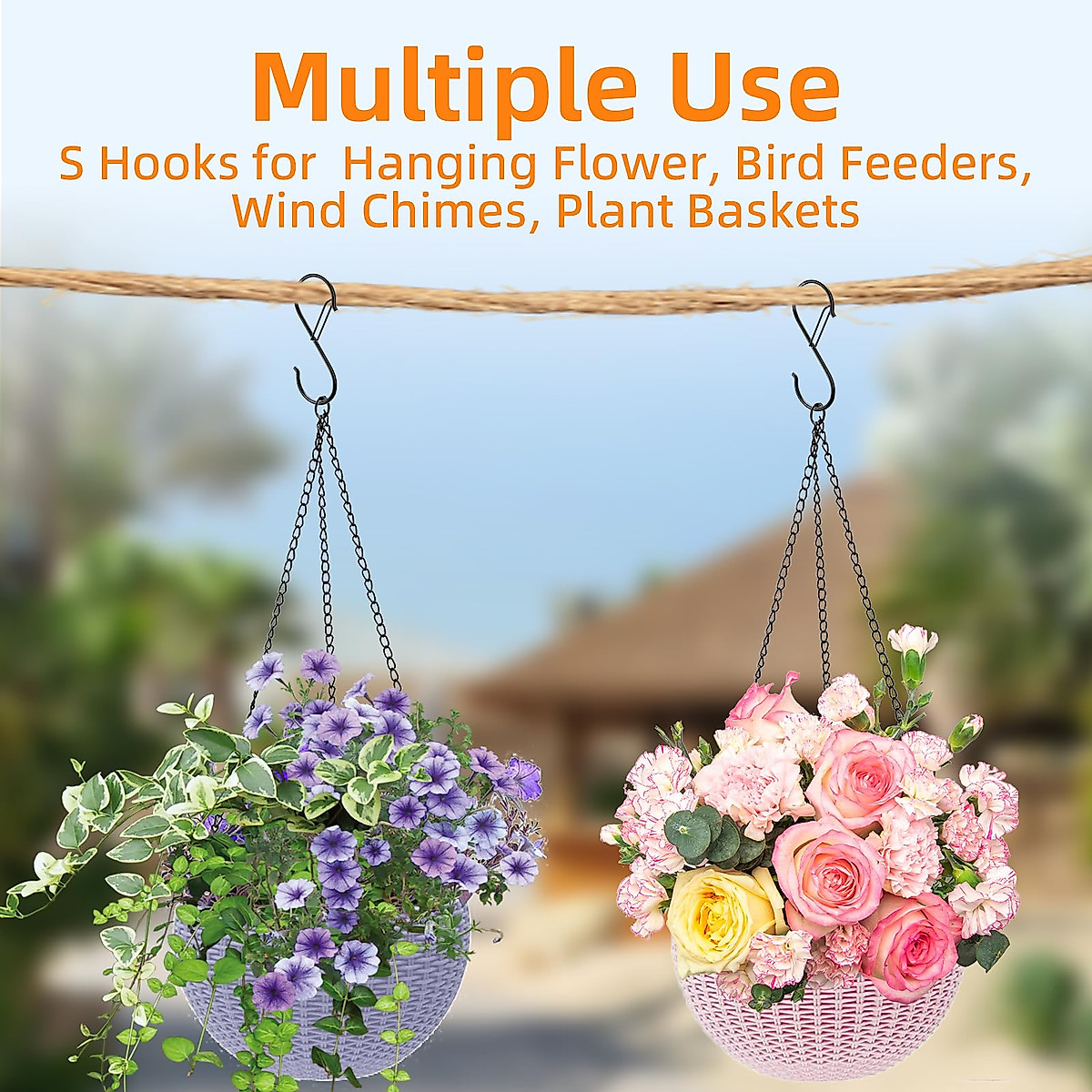 8 Pack S Hooks - 3.5 Inch Heavy Duty S Hooks for Hanging, Small Metal Hooks with Safety Buckle, Max Weight 40 lbs, S Hooks for Hanging Plants, Closet, Clothes, Kitchen, Garden, Indoor Outdoor Black