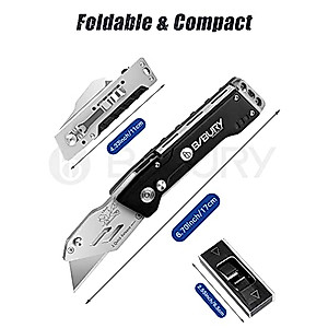 BIBURY Folding Utility Knife, Heavy Duty Box Cutter Pocket Carpet Knife, Blade Storage in Handle with 15 Extra SK5 Blades Included, Belt Clip and Safe-Locking Design