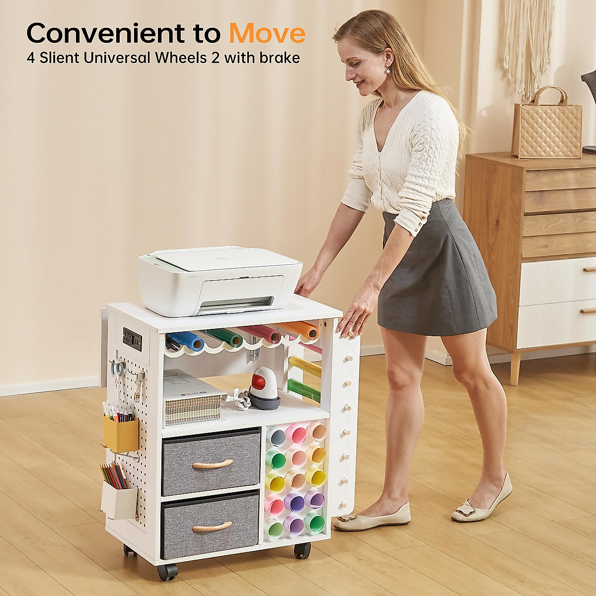 CRAFTEASE Rolling Craft Cart and Storage Table Compatible with Craft Machines Foldable Craft Cabinets w/USB Ports & Outlets Vinyl Roll Holder Craft Accessories Organizer Workstation for Craft Room