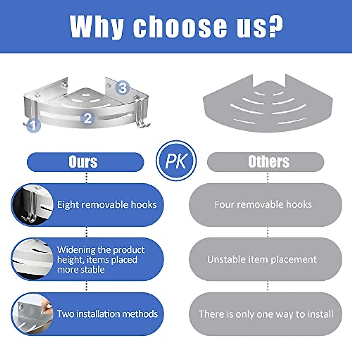 pentaQ 2 Pack Corner Shower Shelves with 8 Removable Hooks, No Drilling Adhesive Wall Mounted Aluminum Bathroom Shelf, Corner Shower Caddy Shelf Basket Shampoo Holder Organizer