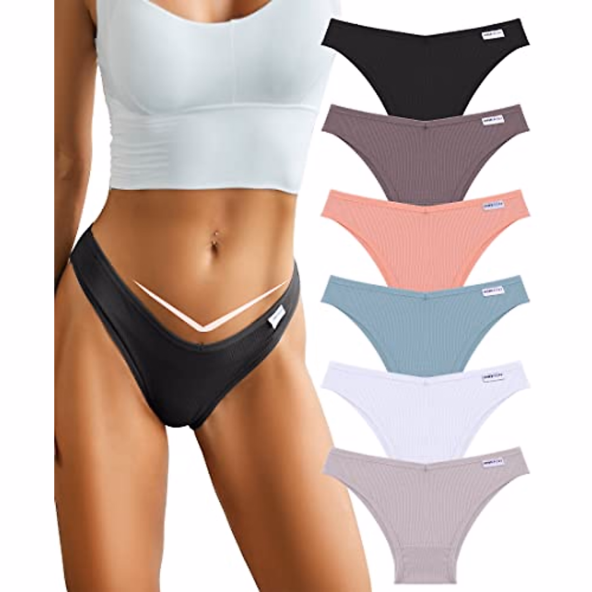 FINETOO 6 Pack Womens Cotton Underwear Sexy V-Waist Bikini Panties Ladies Brazilian Hipster Cheeky S-XL