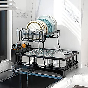 B BEAUTYBABY 2 Tier Dish Drying Rack with Drainboard Dish Racks for Kitchen Counter Dish Drainers Set with Utensils Holder Auto-Drainage Large Capacity Stainless Steel Dish Rack Detachable