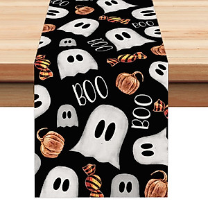 ARKENY Halloween Table Runner 13x72 Inches,Pumpkin Spooky Ghost Candy Boo,Seasonal Burlap Farmhouse Indoor Kitchen Dining Table Decorations for Home Party AT455-72