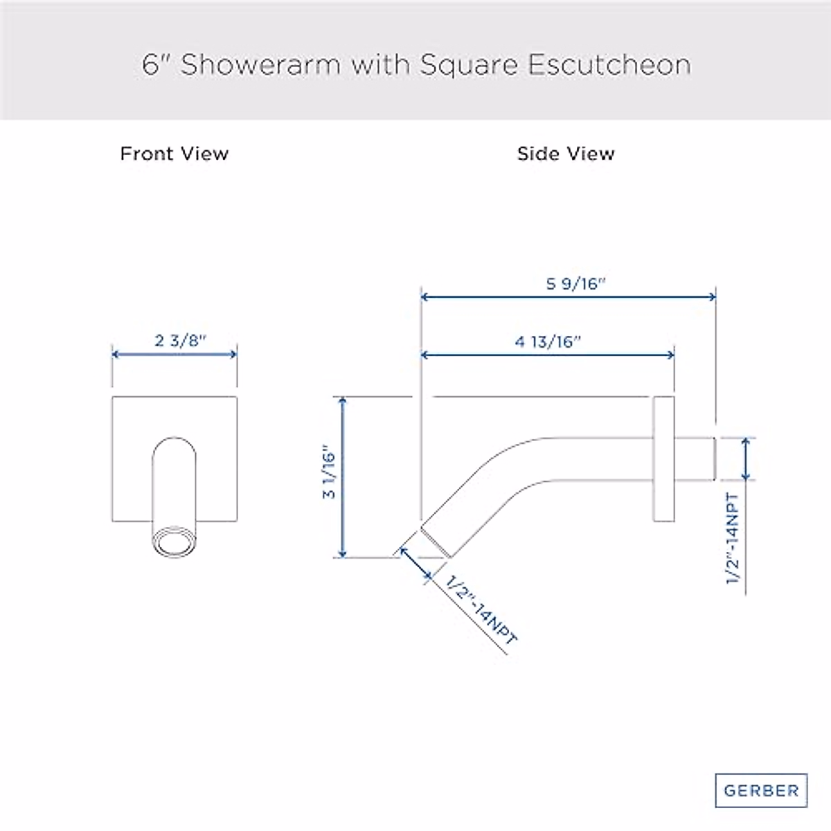 Gerber Metal Showerarm with Square Escutcheon - Transitional style, Chrome, D481436