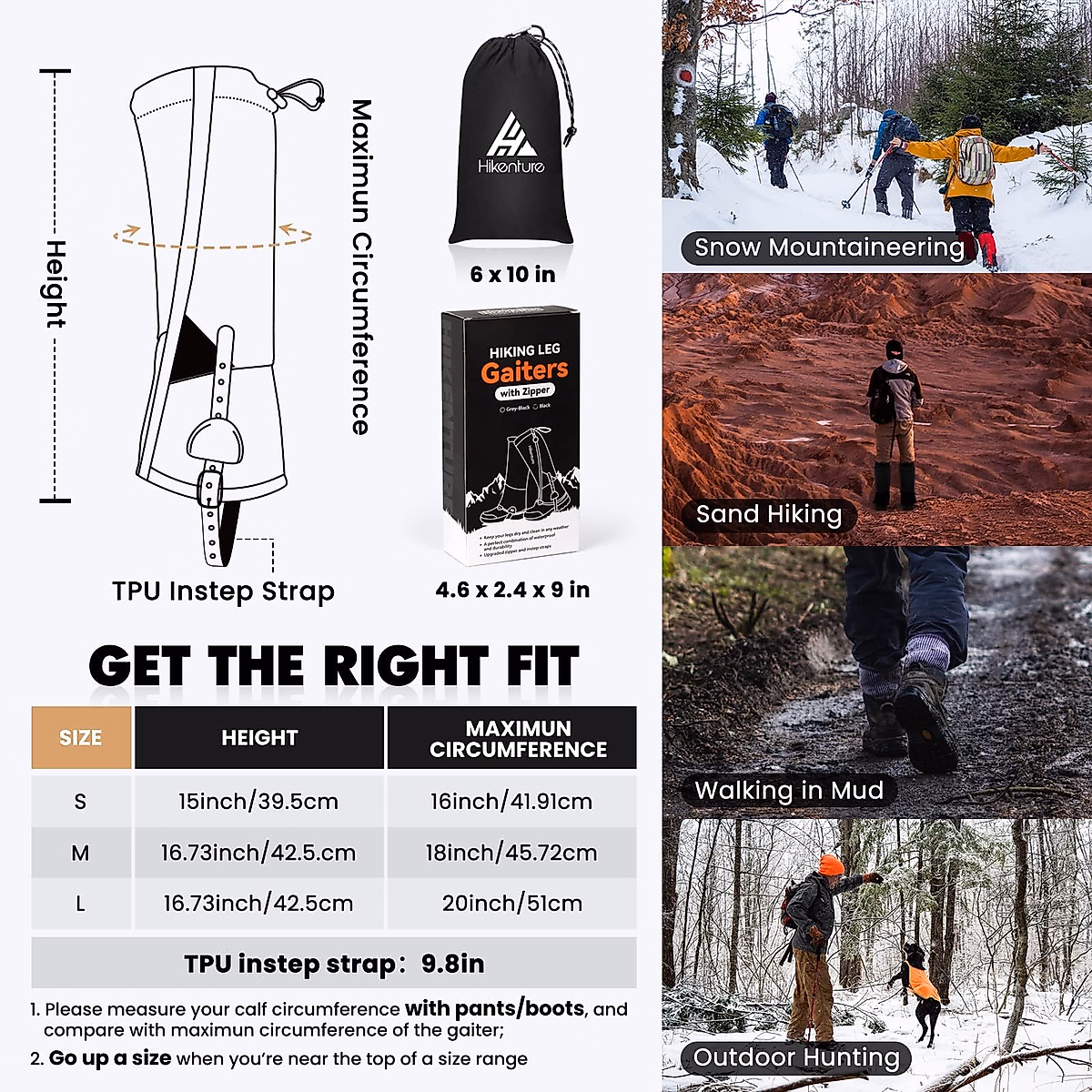 Hikenture Leg Gaiters with Waterproof Zipper, Ultra Anti-Tear Gaiters for Hiking, Waterproof Boot Gaiters for Men Women, Adjustable Shoe Gaiters for Hunting, Breathable Snow Gaiters for Boots (Medium)