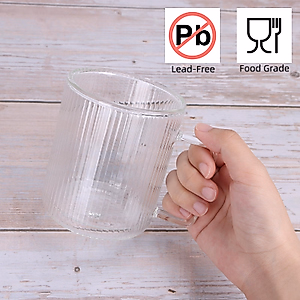 Schliersee Double Walled Glass Coffee Mug, 13.5 OZ Clear Ribbed Glassware Embossed Glass Cups with Handle for Cappuccino, Latte, Cereal, Yogurt, Beer, Milk, Hot or Cold Beverages Cup