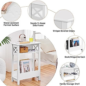 Yaheetech Small Side Table with Storage Shelf, 3-Tier Slim End Table with Magazine Rack, X Shaped Magazine Table for Living Room Home Office Balcony Small Spaces, 20? L � 10? W � 28? H, White