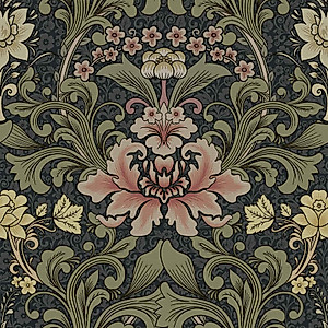 Abyssaly William Morris Floral Wallpaper Peel and Stick, Vintage Flower Wall Murals, Removable Self-Adhesive Printed Dark Green Pink Contact Paper for Home Kitchen Bedroom Decor, 17.7in x 118in