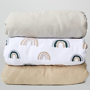 NODNAL CO. 3 Fitted Crib Sheets Rainbow & Solid Colors Set - 100% Oeko-TEX Cotton for Baby Girl/Boy Nursery Bedding - Boho Gender Neutral Watercolor Beige/Tan Set Toddler Mattress 28”x52”x9” Sheet