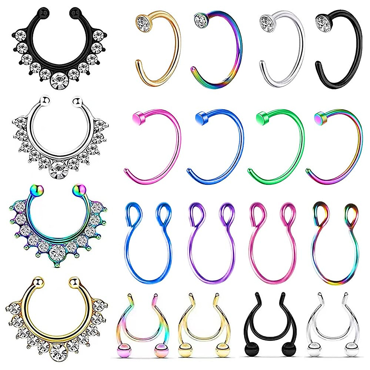 Naomimeier 20PCS Fake Nose Rings, Fake Septum Fake Nose Ring, Clip On Nose Ring, Faux Nose Ring, Fake Nose Piercings, Fake Lip Ear Nose Septum Rings, Stainless Steel Fake Piercings