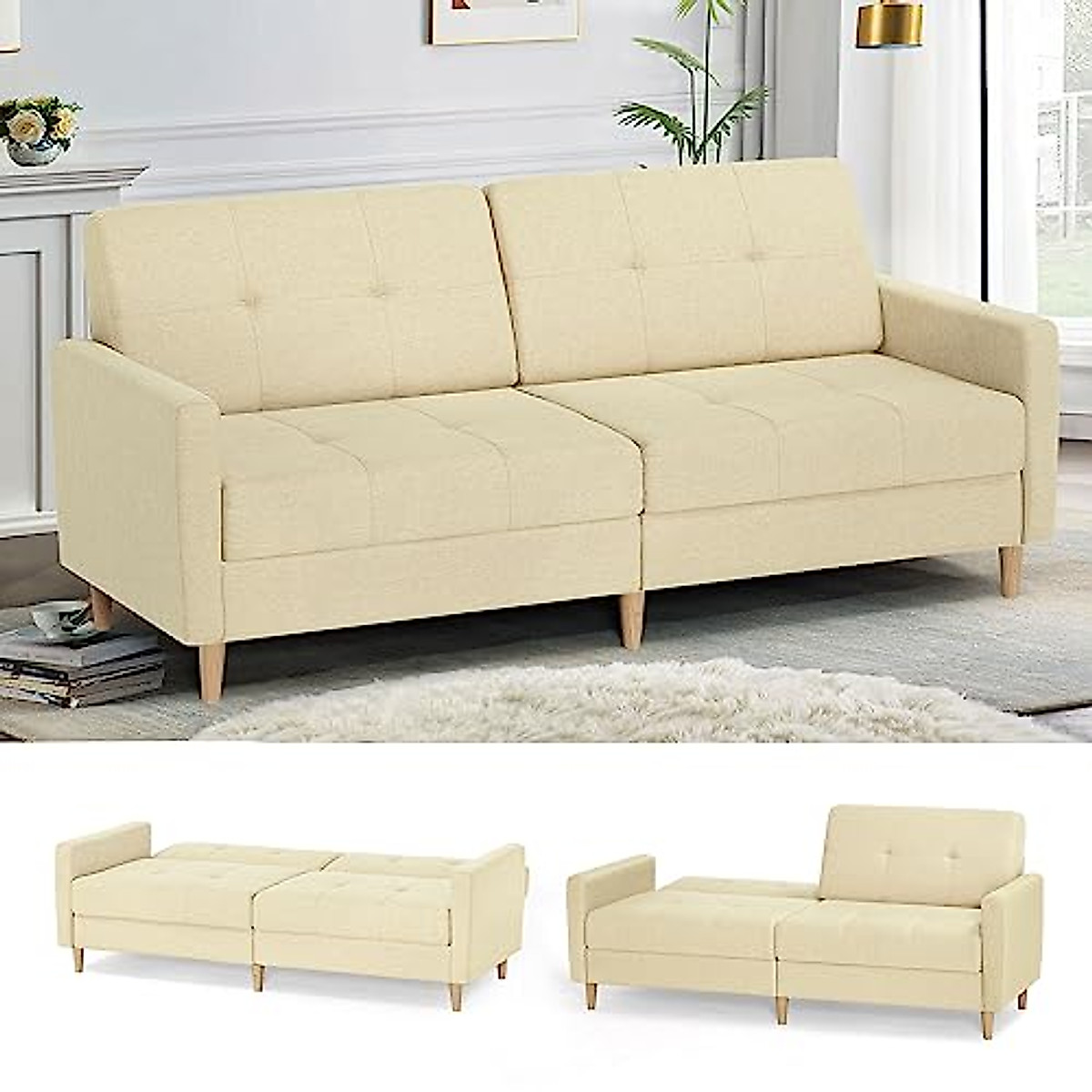 HoynPuko Modern Sofa Bed Breathable Linen Fabric Convertible Loveseat Couch with Wooden Legs and Adjustable Backrest for Office Living Room Apartment, 77" W x 32" D x 34" H Beige