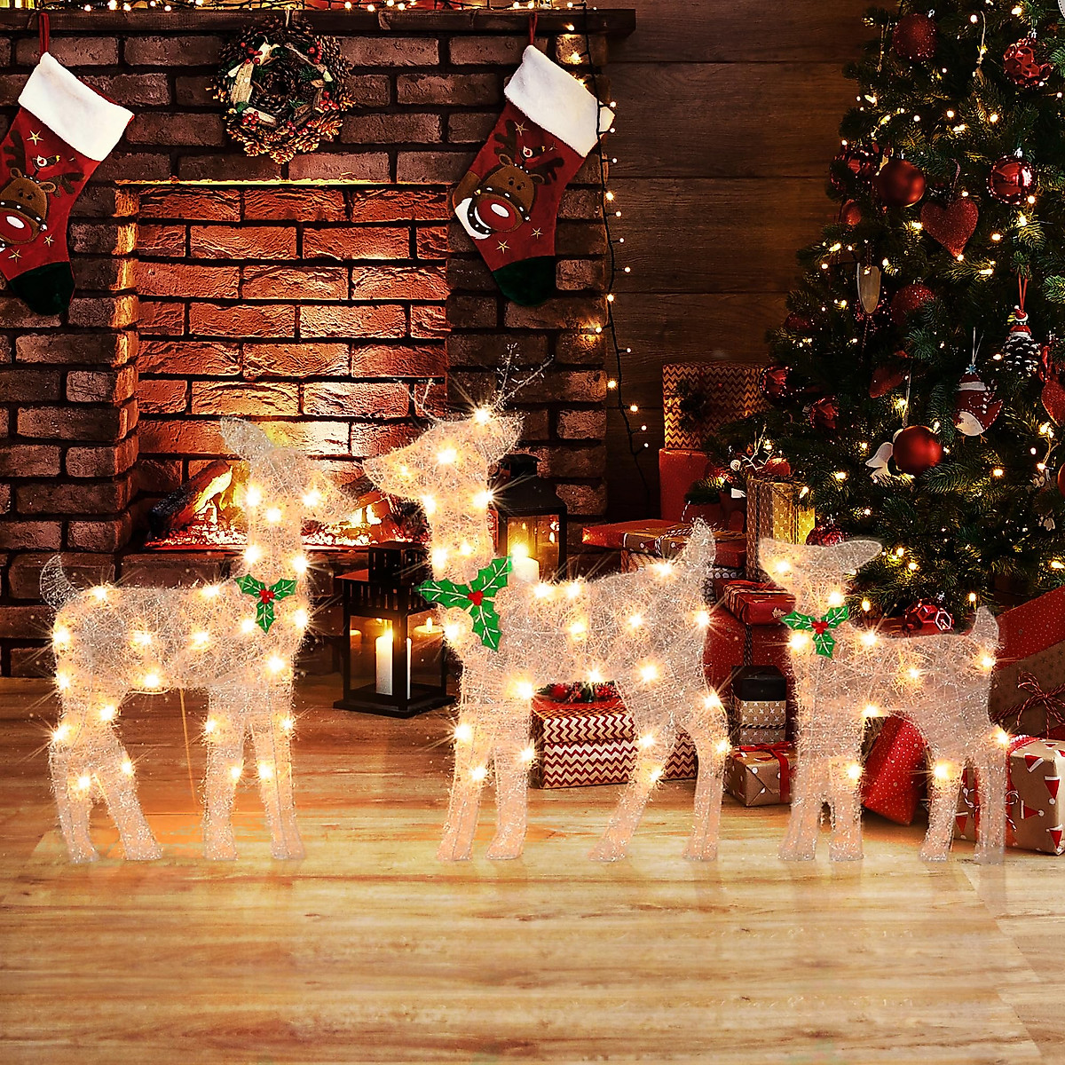 MCOW Set of 3 Reindeer Christmas Decorations Light, Outdoor Pre Lit Holiday Decor, Lighted 2D Deer Family Set for Indoor Outside Home Lawn Yard Garden Patio 30.5 in Buck, SDZS011