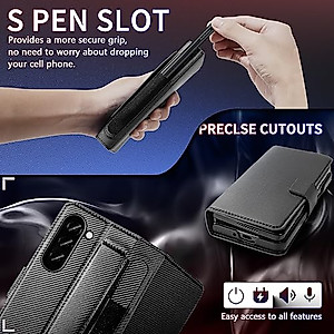 Mansoorr for Samsung Galaxy Z Fold 5 Wallet Case with S Pen Holder [Elastic Wrist Strap] [Carbon Fiber Texture Leather] Kickstand Card Holder Slots Protective Flip Folio Phone Cover 7.6" 2023 - Black