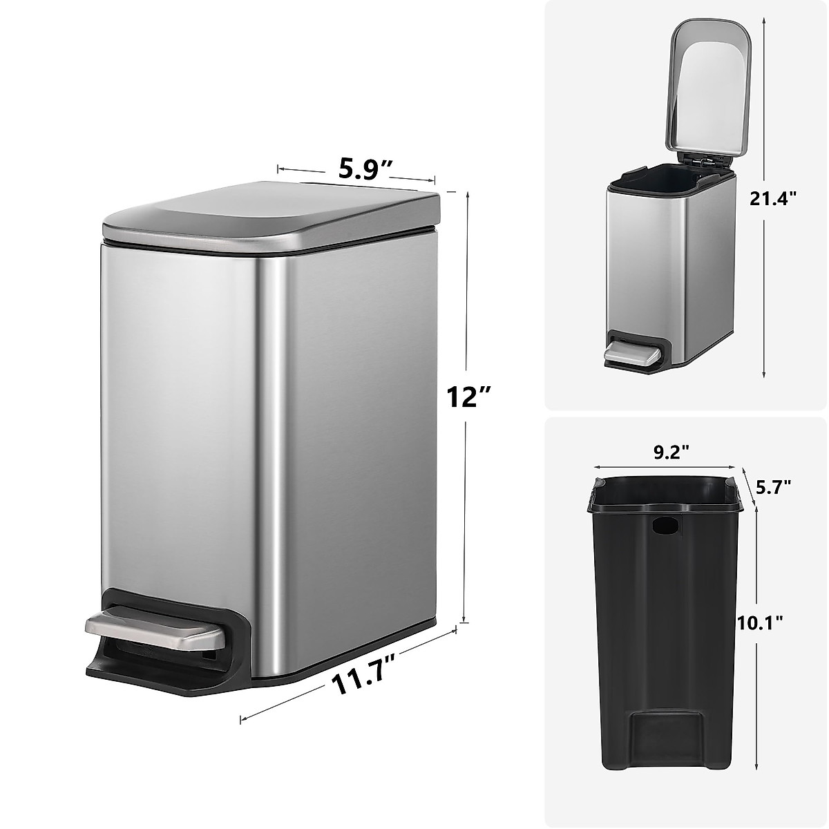 Nunsino Small Bathroom Trash Can with Lid Soft Close, 1.6 Gallon Stainless Steel Garbage Can with Pedal, Small Trash Bin for Bathroom, Kitchen, Home Office, Silver