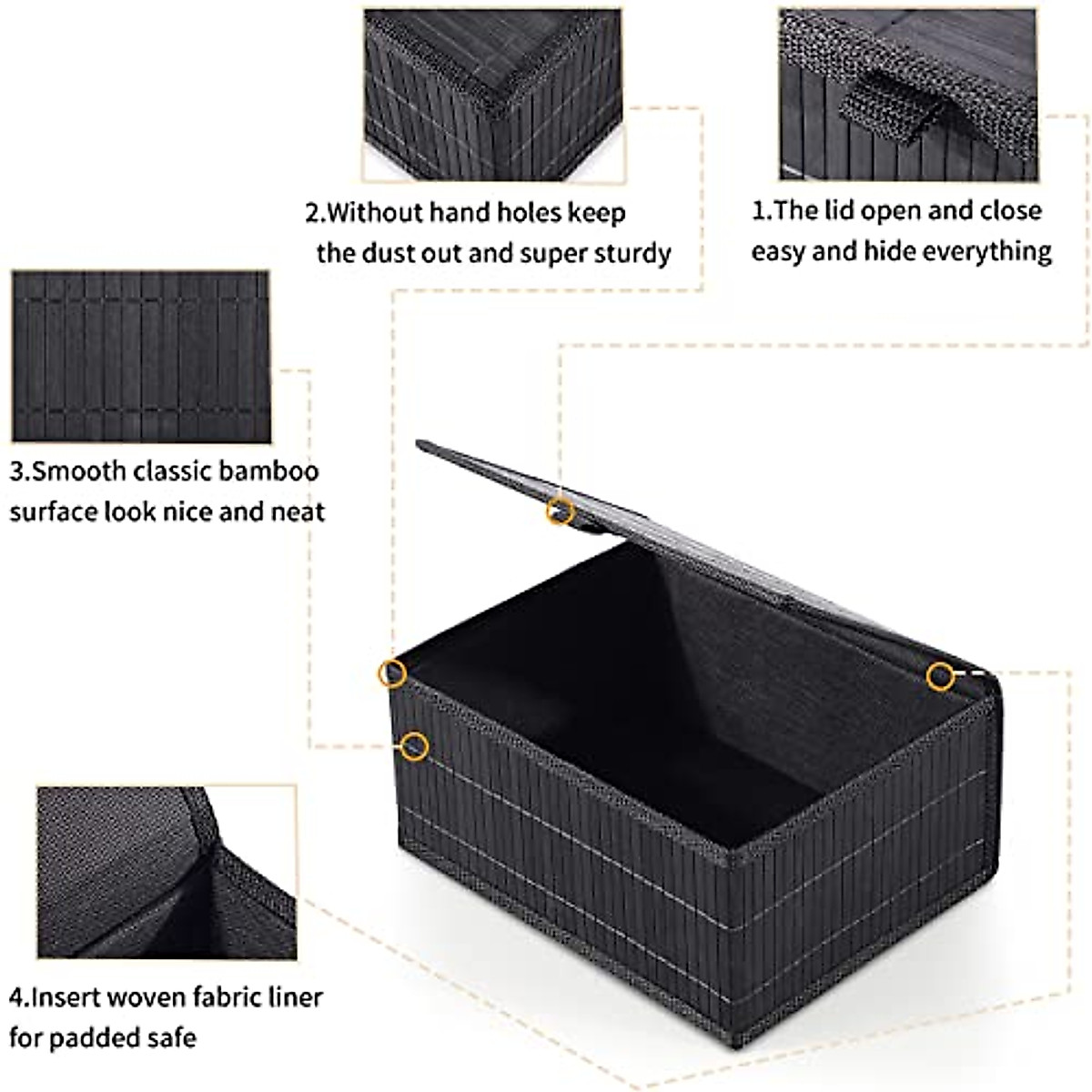 Honygebia Bamboo Decorative Storage Boxes - Set of 3 Woven Lined Storage Basket with Lids, Black Wicker Lidded Baskets for Home Kitchen Shelf Organizer Decor