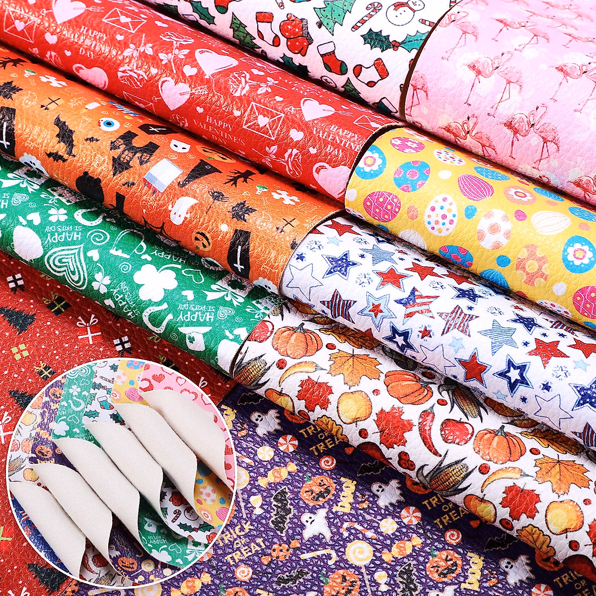 Weewooday 18 Pieces Christmas Faux Leather Sheets Thanksgiving Halloween Fabric Sheets Synthetic Leather Sheets Holiday Faux Leather Sheets for DIY, 6.3 x 8.3 Inch