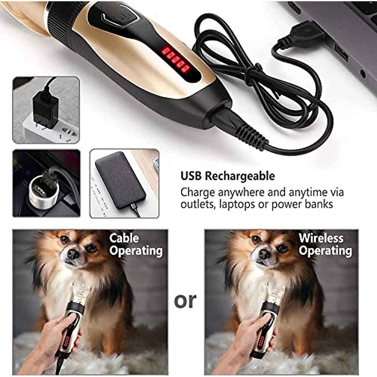 Dog Clippers, USB Rechargeable Cordless Dog Grooming Kit, Electric Pets Hair Trimmers Shaver Shears for Dogs and Cats, Quiet, Washable, with LED Display (Yellow)
