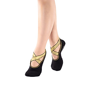 Teebulen Women's 2-Pack Black/Grey Cushioned Anti Skid Non-Slip Grips Cotton Yoga Barre Pilate Home Socks,Size 4-7