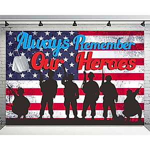 Always Remember Our Heroes Airman Soldiers Banner Stars Red White and Blue Stripes Theme Decor for Retirement Ceremony American Military Veteran Retired Going Away Party Supplies Decorations Backdrop