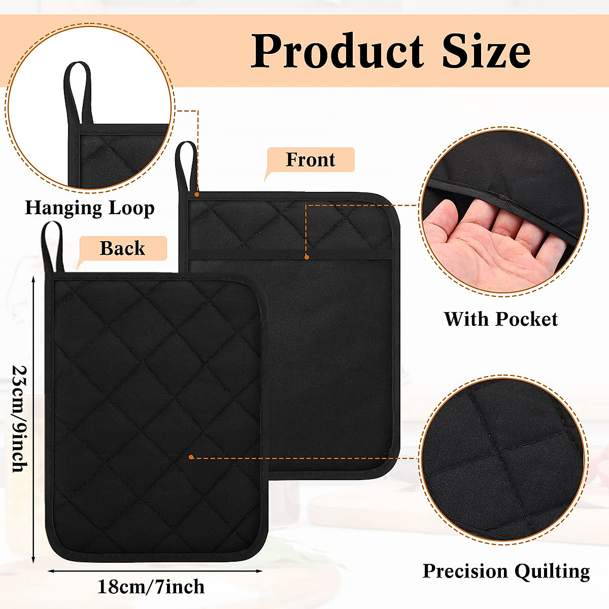 Hoolerry 20 Pieces Cotton Pocket Pot Holders for Kitchen Oven DIY Pot Holders 7 x 9 Inch Heat Resistance Pot Holder Pot Holders with Hanging Loops for Baking Accessories(Black)