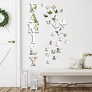 Outus 3D Family Home Sign Letters Living Room Decor Family Rustic Farmhouse Wall Decor Acrylic Mirror Decorative Butterfly Mirror Wall Sticker Decals for Living Room Bedroom Kitchen (Silver)