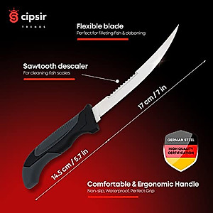 Meat and fish Fillet Knife - Curved salty water resistant german steel 7 inch blade with sheath, sharpener and gift box, ideal for filleting and deboning indoor or outdoor.