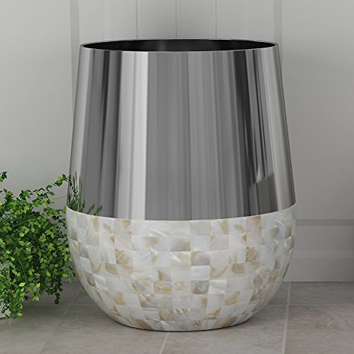 nu steel JA8H Jakarta Collection Wastebasket, Round Vintage Trash Can for Bathroom, Bedroom, Dorm, College, Office, 9.5" x 9.5" x 10", Metal with Mother of Pearl Finish, Large, Mop & Shiny
