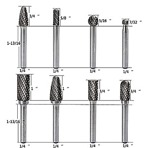 Carbide Burr Set 8pcs JESTUOUS 1/4 Inch Shank Diameter Double Cut Rotary Files Metal Grinding Polishing Carving Tool Drill Bits for Die Grinder Kits