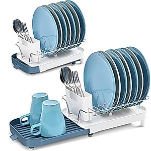 TOOLF Small Expandable Dish Rack, Compact Dish Drying Rack with Stainless Plate Rack, Rustproof Dish Drainer with Removable Utensil Holder in Sink Or On Counter for Kitchen, Small Space, RV