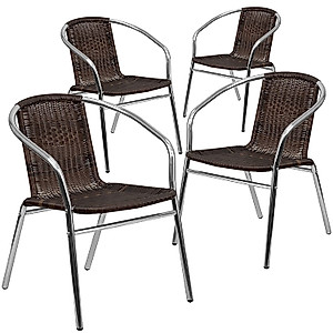 Flash Furniture Lila 4 Pack Commercial Aluminum and Dark Brown Rattan Indoor-Outdoor Restaurant Stack Chair