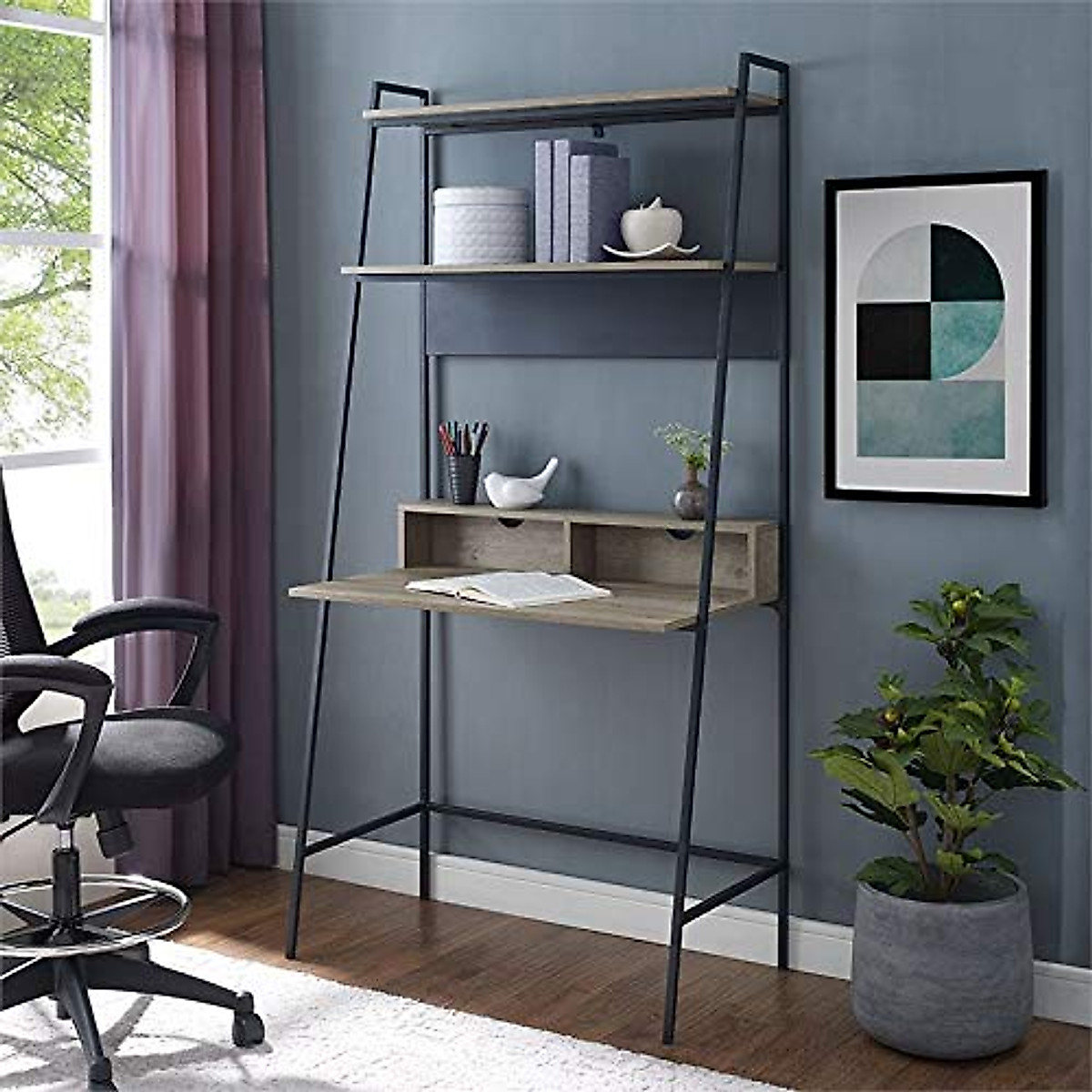Walker Edison Freya Urban Industrial Ladder Desk with Metal Magnet Board, 36 Inch, Grey Wash