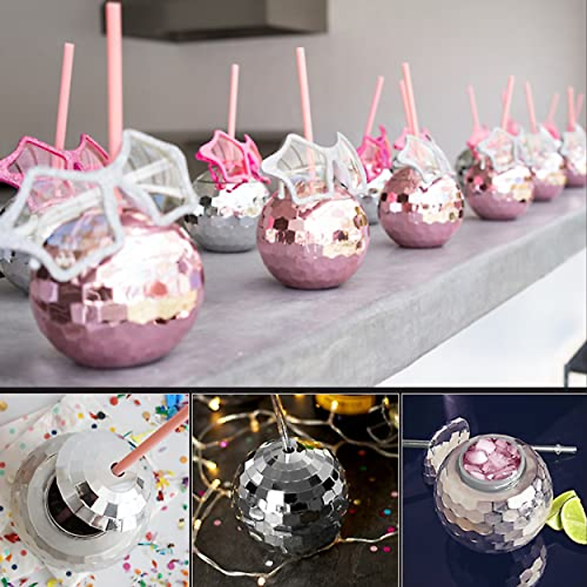 ANTQUE 1 PCS Disco Ball Cup with Straws, Tumbler Reusable Disco Flash Ball Cups for Party, Cocktail Ball Cups Spherical with Lid and Straw Wine Cups for Nightclub Bar Party Decor(Silver)