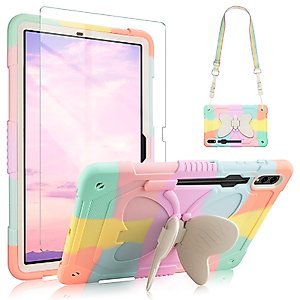 VOFUOE for Samsung Galaxy Tab S9 Plus Case 2023 12.4 Inch with Screen Protector, Butterfly Stand Hard Tablet Cover Shoulder Strap Pencil Holder Kids Girls for Galaxy Tab S9+ SM-X810/X816B/X818U-Pink