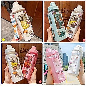 Fanovo Kawaii Water Bottle for Girls, Cute Kids Water Bottles with Straw, Carton Water Jug Large Square Drinking Bottle, Portable Leakproof Aesthetic Water Cup + 3D Stickers/Shoulder Strap, 30 oz