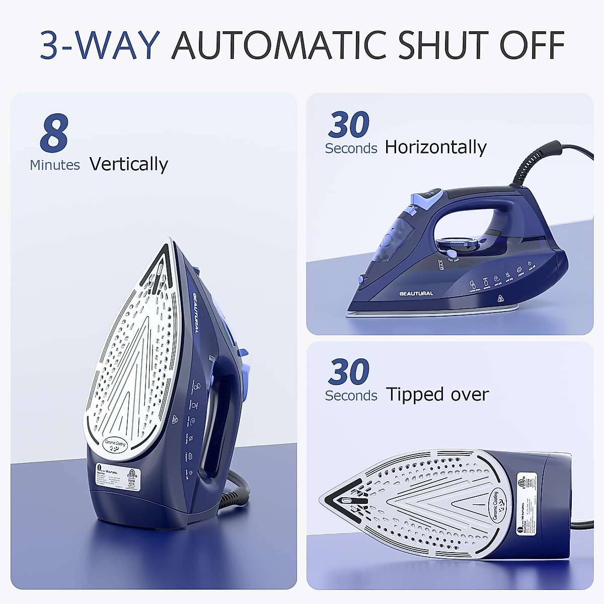 BEAUTURAL Steam Iron for Clothes with Precision Thermostat Dial, Ceramic Coated Soleplate, 3-Way Auto-Off, Self-Cleaning, Anti-Calcium, Anti-Drip