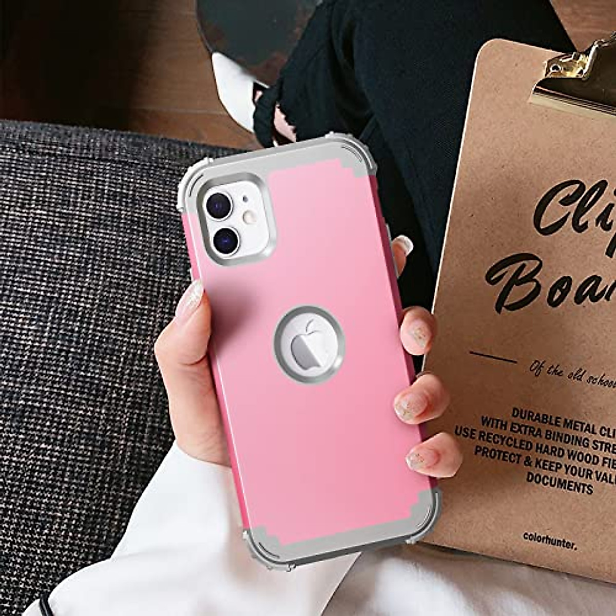 IDweel iPhone 11 Case with Screen Protector(Tempered Glass), Hybrid 3 in 1 Shockproof Slim Fit Heavy Duty Protection Hard PC Cover Soft Silicone Bumper Full Body Case,Pink/Light Grey