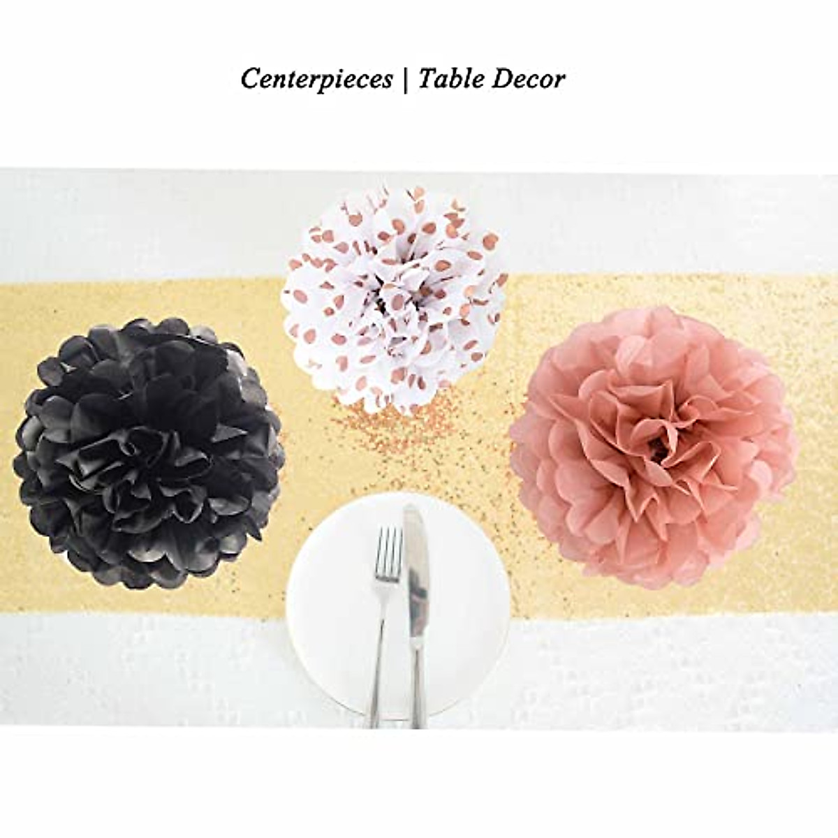 ANSOMO Rose Gold and Black Tissue Paper Pom Poms Party Decorations Flowers Pink Wall Hanging Décor Supplies Birthday Bridal Baby Shower Wedding Graduation